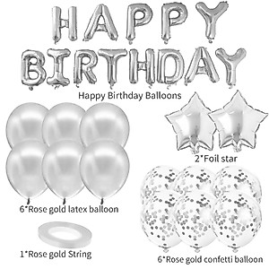 Birthday Party Decorations, Silver Set 15pcs - Happy Birthday Banner, Heart Star Balloons, Foil Confetti Balloons, 16th 18th 21th 30th 40th 50th 60th 70th Birthday Decorations Supplies (Silver)