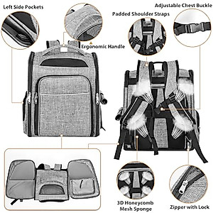 Cat Backpack Carrier, WHDPETS 2 Sides Expandable Pet Backpack for Cats Dogs fit Up to 20 lbs, Breathable Cat Carrier with Inner Safety Leash, Grey