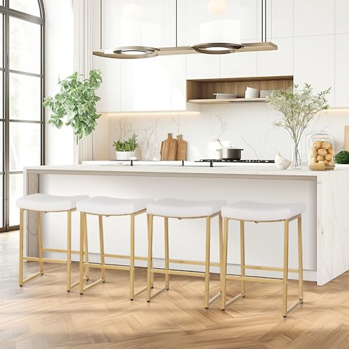 MAISON ARTS White & Gold Bar Stools Set of 2 for Kitchen Counter Backless Counter Height 24 Inches Saddle Stools Modern Gold Barstools Upholstered Faux Leather Stools Farmhouse Island Chairs