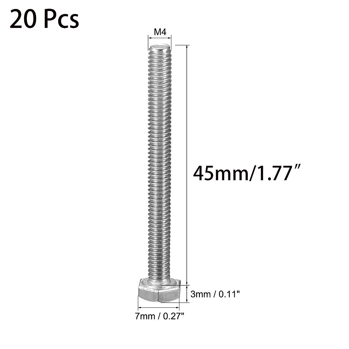 20 Pcs M4 Hex Bolt M4-0.7 x 45mm UNC Hex Head Screw Bolts A2-70(304) Stainless Steel Fully Threaded Hex Tap Bolts，Plain Finish，Fully Threaded (M4 x 45mm)
