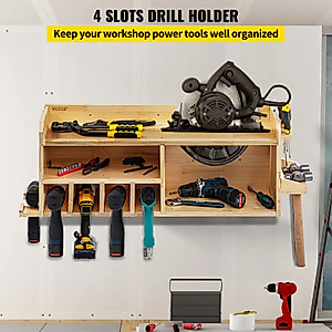 VEVOR Power Tool Organizer, Wall Mount Drill Holder, 4 Drill Hanging Slots Drill Charging Station, 3-Shelf Cordless Drill Storage, Polished Wooden Toolbox for Saw, Impact Wrench, Screwdriver Drill