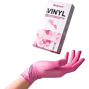 OriStout Disposable Gloves for Women, Pink Vinyl Gloves Disposable Latex Free for Cooking, Food Prep, Cleaning, Hair Dye, Tattoo, Medium Duty, Touch Screen, Small, 50 Pack