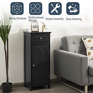 Tangkula Bathroom Floor Cabinet, Wooden Side Storage Organizer, Free-Standing Single Door Floor Storage Cabinet with Large Drawer & 2 Adjustable Shelves for Living Room Kitchen (Black)