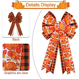 Fall Wreath Bows, Autumn Bow Orange Buffalo Plaid Pumpkin Wreath Bow for Fall Bows Knot Thanksgiving Dinner Party Fireplace Christmas Halloween Home Garden Party Decor