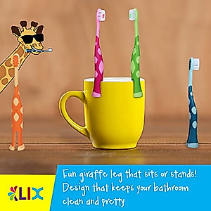 55Dental Kids Toothbrush Set of Soft Giraffe Toothbrush for Kids 3-12. Easy-Grip, Bristle Cover, Self-Standing & Splited Bottom for Cup Rim. by Lix, 4 Colors