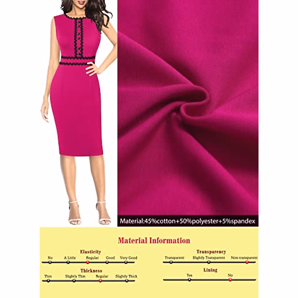 VFSHOW Womens Wear to Work Button Patchwork Trim Crew Neck Fitted Office Business Party Cocktail Bodycon Pencil Sheath Dress (Hot Pink, Large) 10186 PIK L