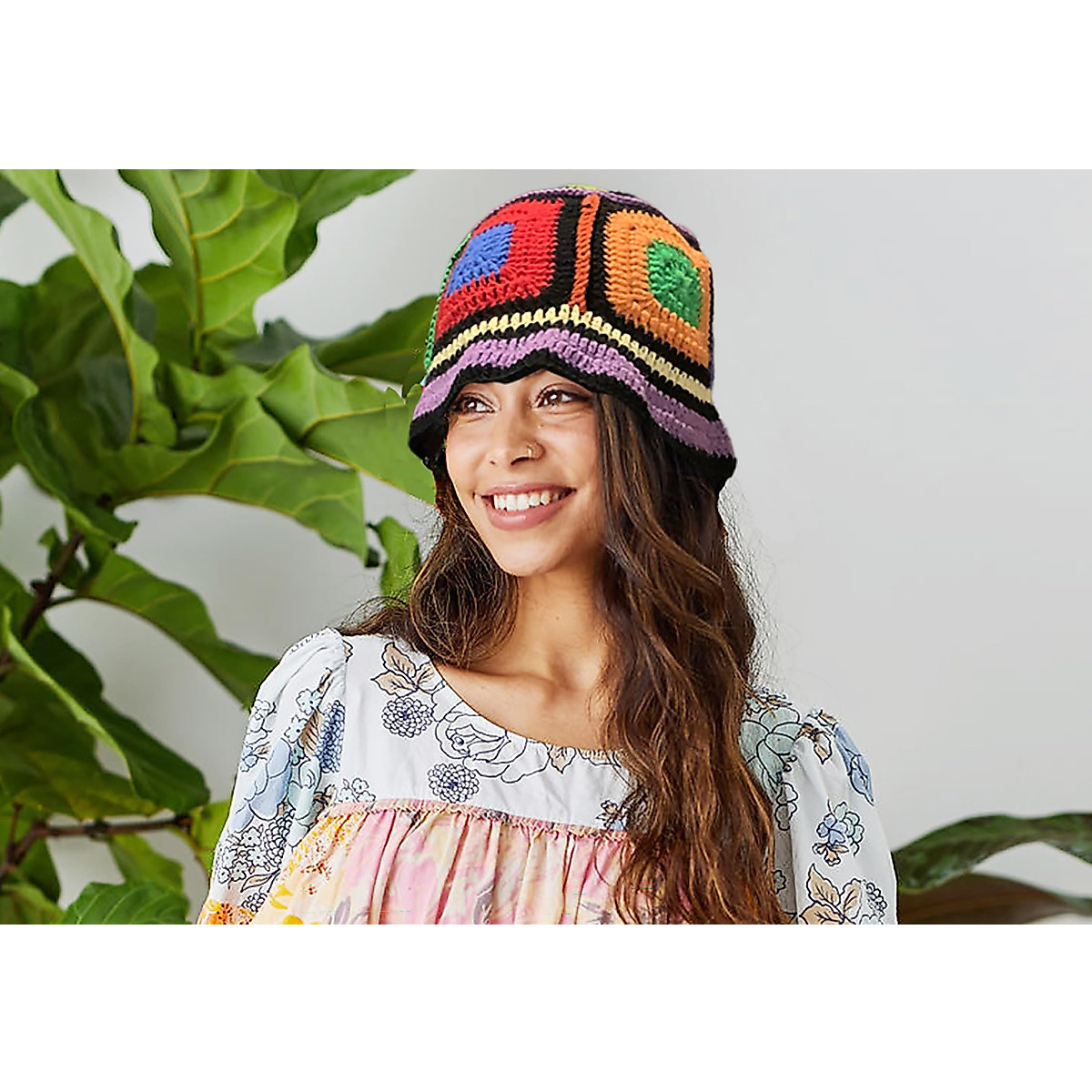 Women-Crochet-Hat-Knitted Floral Bucket-Hat-Handmade Plaid Fisherman-Hat-for-Women Fall-Spring-Winter-Summer Blue