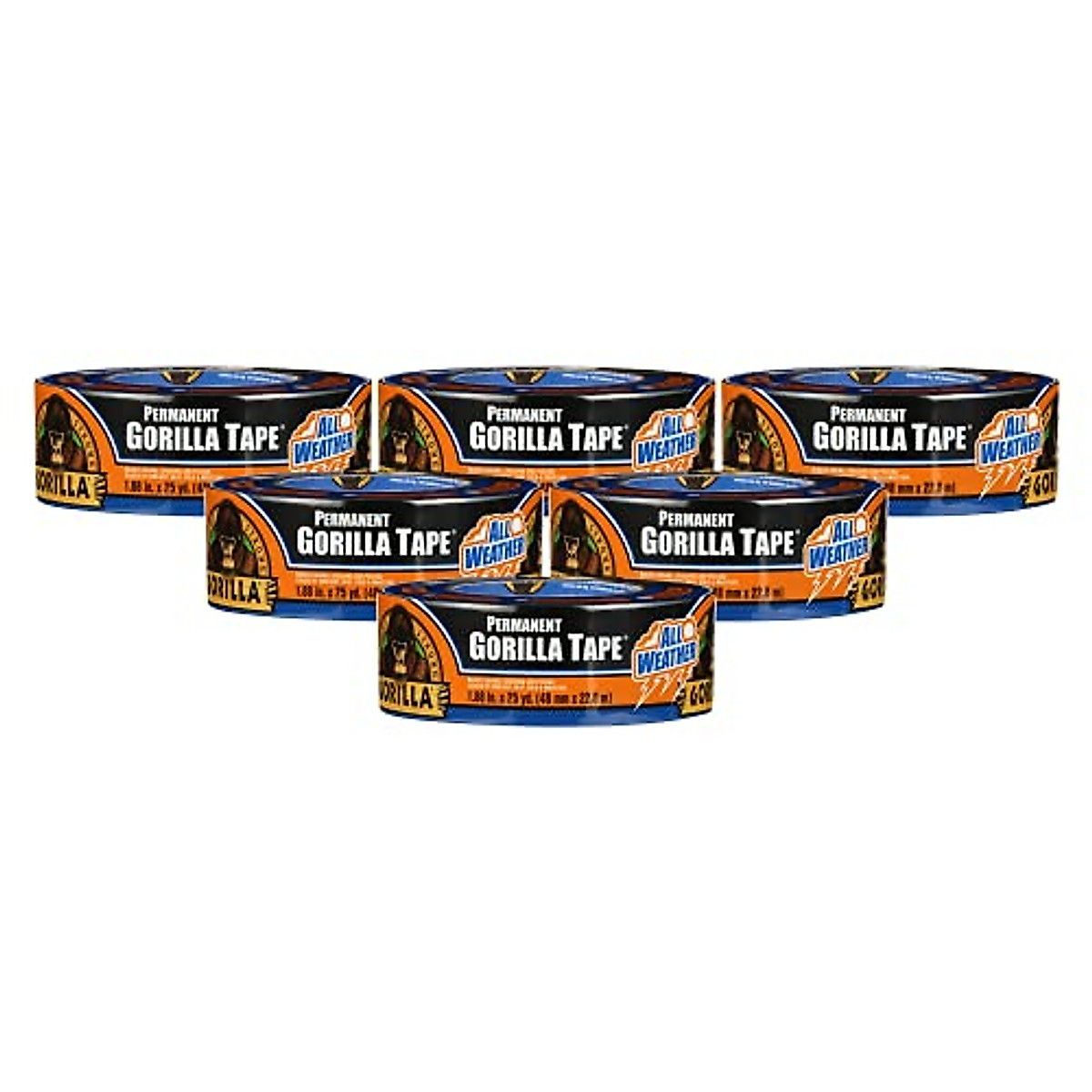 Gorilla All Weather Outdoor Waterproof Duct Tape, UV and Temperature Resistant, 1.88" x 25 yd, Black, (Pack of 6)
