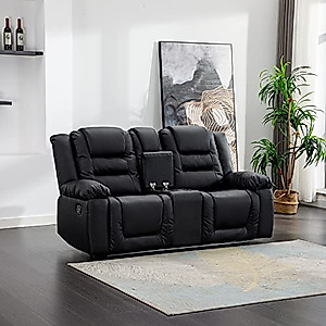 ERYE Faux Upholstered Manual Motion Seaters 2 Cup Holders and Two Recliner Chaise, Wall Hugger Sofa & Couch for Home Theater Apartment RV Living Room Furniture Sets, Black PU Leather 77.9" W
