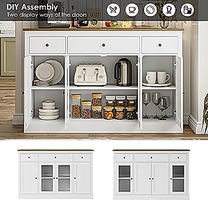 HOSTACK Sideboard Buffet Cabinet with Storage, 55" Large Kitchen Buffet Storage Cabinet with Drawers and Glass Doors, Modern Farmhouse Coffee Bar Cabinet, Wood Buffet Table Dining Room Cabinet, White