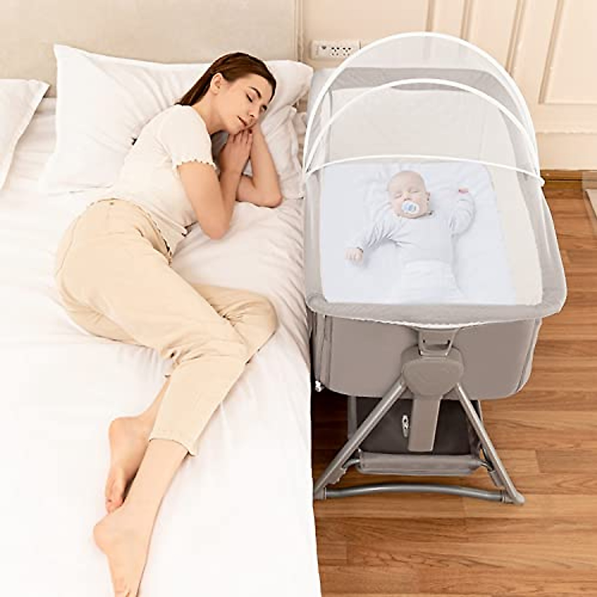 SteAnny Baby Beside Sleeper Rocking Cribs Luxury Newborn Sleeping Bassinet Portable Travel Infant Bed for 0-6M Cradle (Khaki)