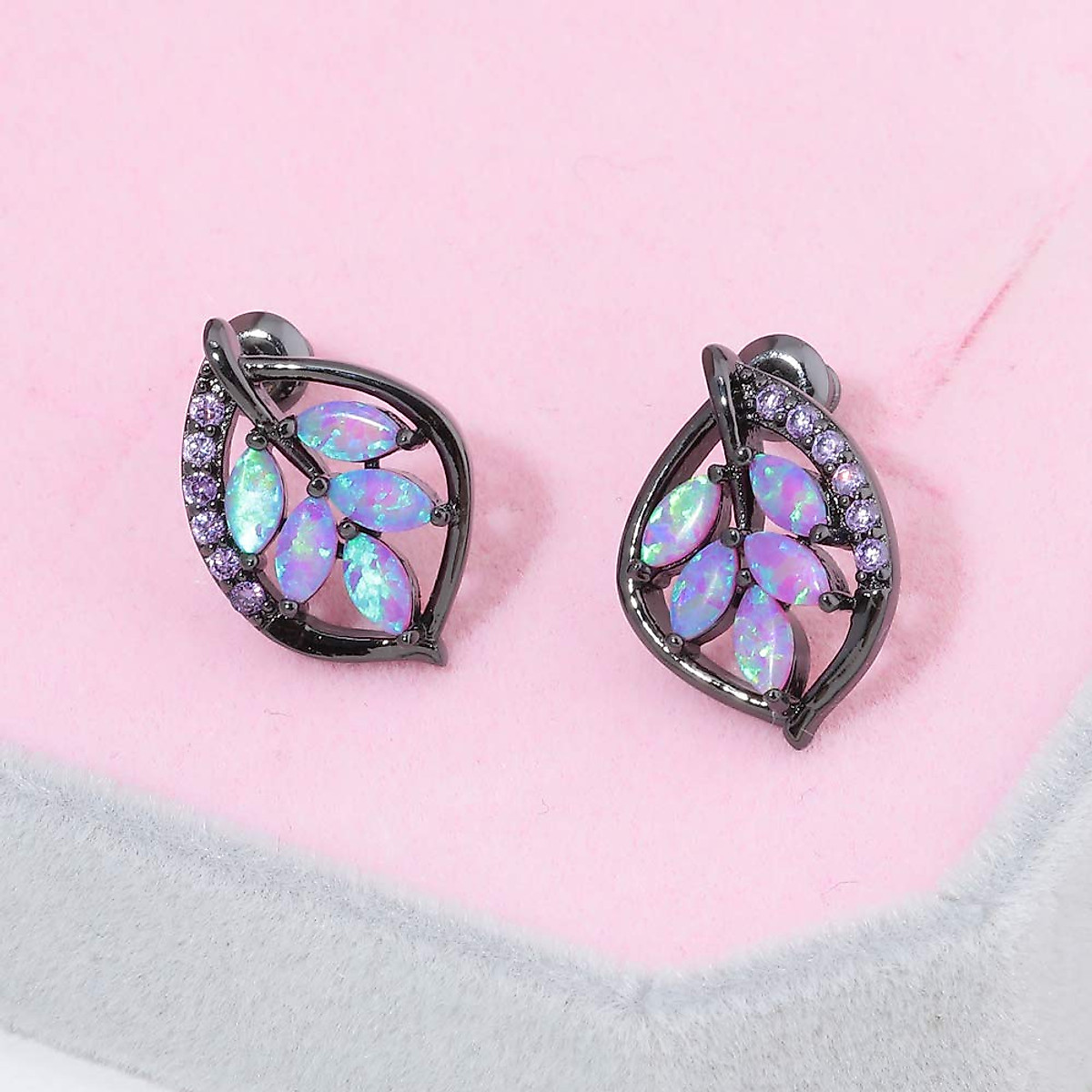CiNily Created Purple Fire Opal Amethyst Black Gold Plated for Women Jewelry Gemstone Stud Earrings