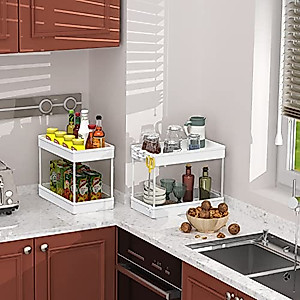 SPACEKEEPER Under Sink Organizer, 2 Tier Under Sink Storage Organizer, Bathroom Standing Rack, Bath Collection Slide-out Baskets with Hooks, Multi-purpose Storage Shelf for Bathroom Kitchen, White