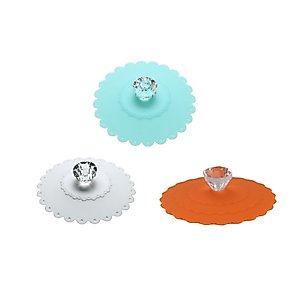 AKOAK 3 PCS New Cute Anti-dust Silicone Acrylic Diamond Glass Cup Cover Coffee Mug Suction Seal Lid Cap,Light Blue,White and Orange