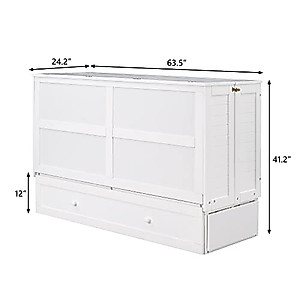 MOEO Queen Size Mobile Murphy Bed with Storage Drawer, Wood Bedframe w/Little Shelves on Each Side, Can Convert to Cabinet for Guest Room Home Office, White