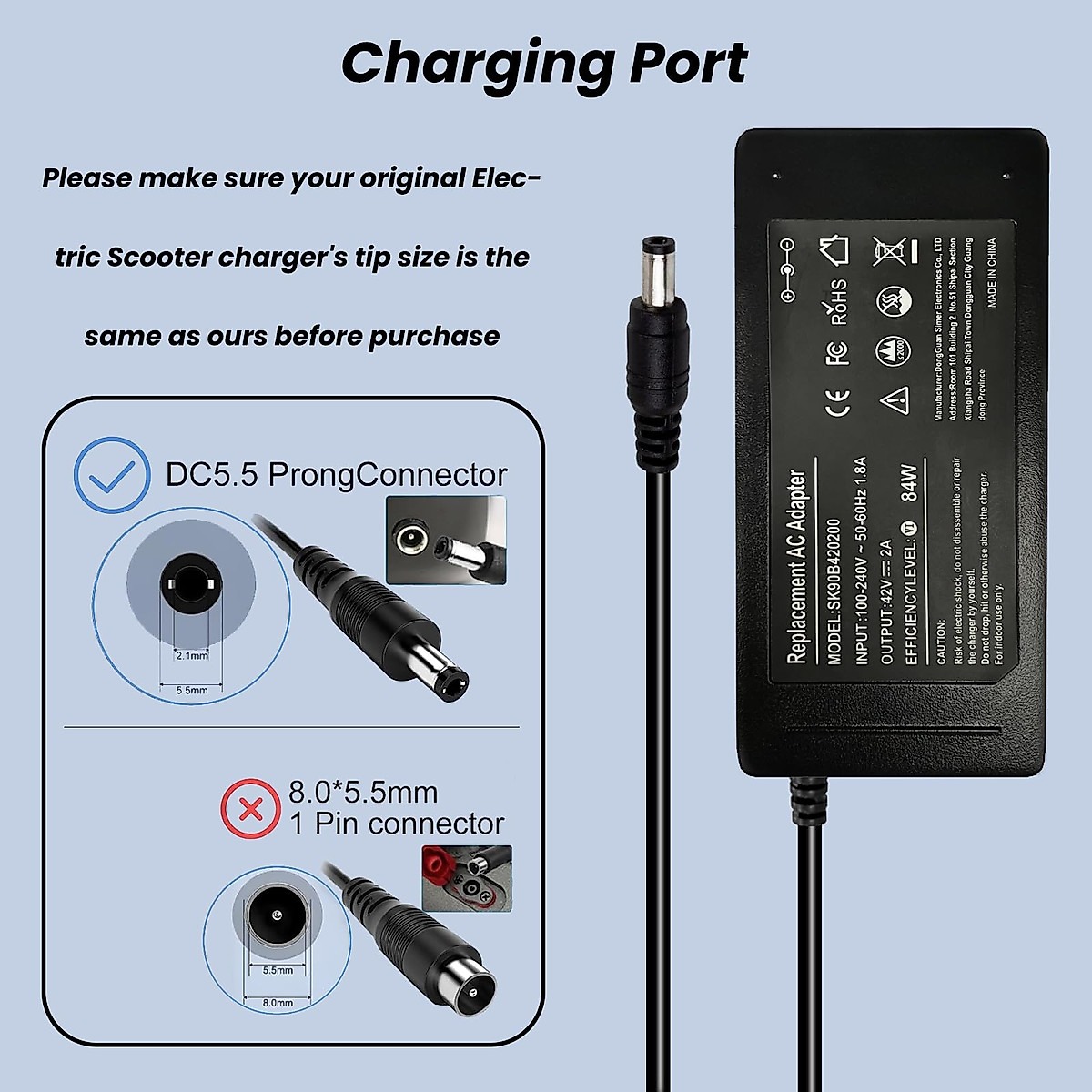 42V 2A Electric Scooter Charger Compatible with GOTRAX G2, G3, G4, Apex, Glider, XR Elite, XR Ultra 36V Electric Bike Lithium Battery Charger,Diameter 5.5mm, 2.1mm
