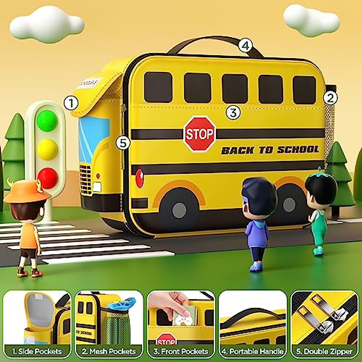 TIME4DEALS Lunch Box for Kid Boy Girl, 6 Compartments Lunch Container with Tableware Lunch Bag Set, 1330ML Ideal Portion Sizes Bento Box, Reusable Meal and Snack Packing Leakproof (Yellow School Bus)