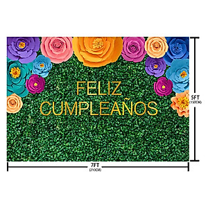 AIBIIN 7x5ft Feliz Cumpleaños Backdrop Mexican Fiesta Encanto Happy Birthday Party Photography Background Greenery Floral Green Leaves Mexico Cinco De Mayo Carnival Bday Cake Table Decoration Banner