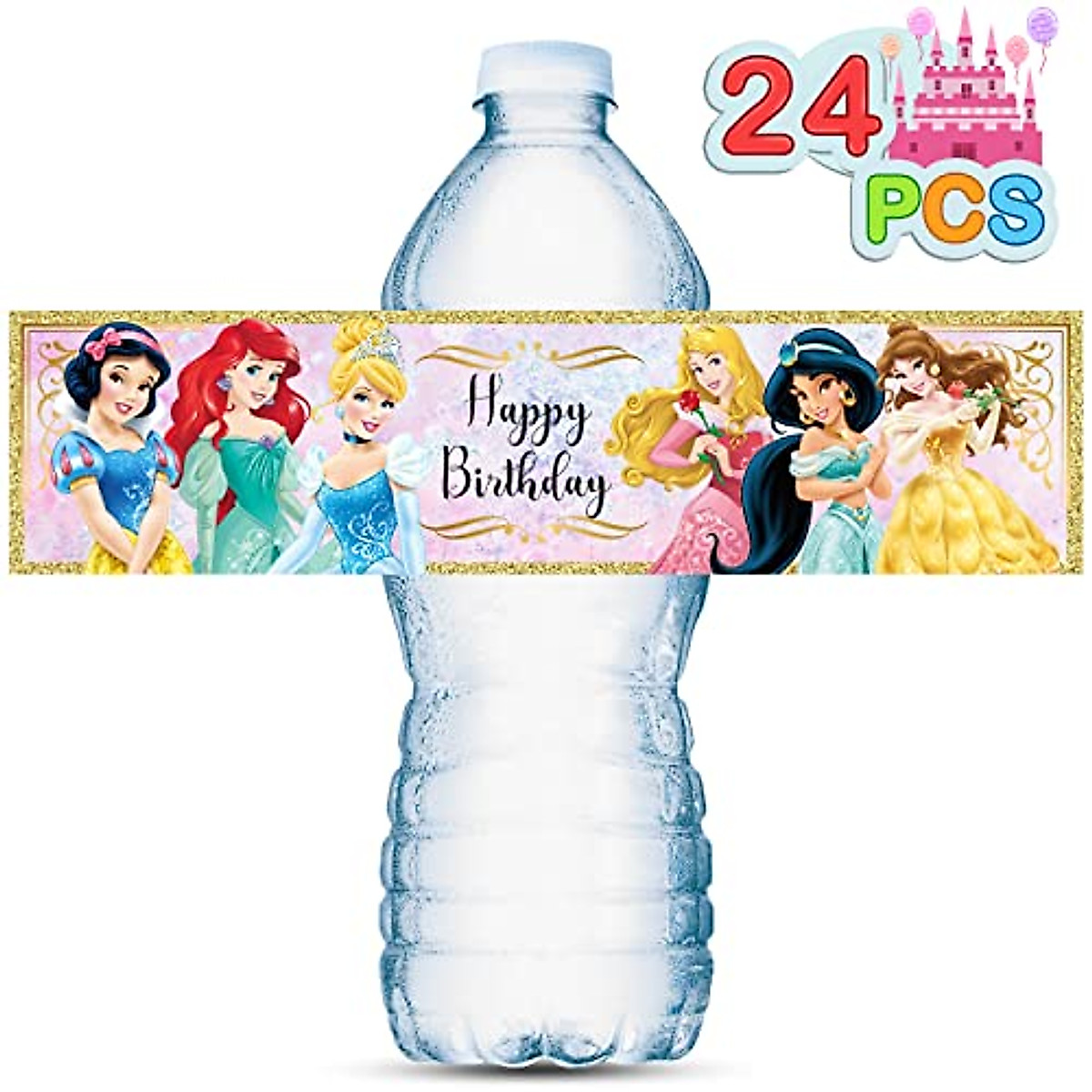 24PCS Water Bottle Labels for Princess Birthday Party Supplies, Princess Party Supplies Stickers Decorations for Princess Birthday Party Favors