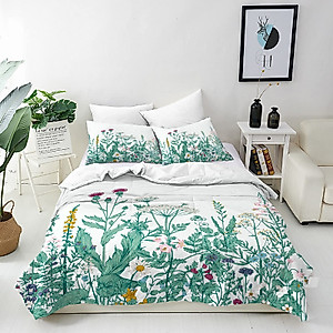 ANHOPE Flower Duvet Cover Set 3pcs Bedding Set with Green Leaf Floral Rustic Wildflower Botanical Print Pattern Soft Comforter Cover with 2 Pillow Shams All Season Quilt Cover with Zipper Queen Size