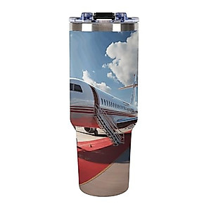 LLUTSNTH 40 Oz Vacuum Tumbler with White Handle Leakproof Insulated Tumbler Red Carpet Airplane Stainless Steel Travel Mug with Lid And Straw Coffee Cup Cute Water Bottles Cup Holder Friendly