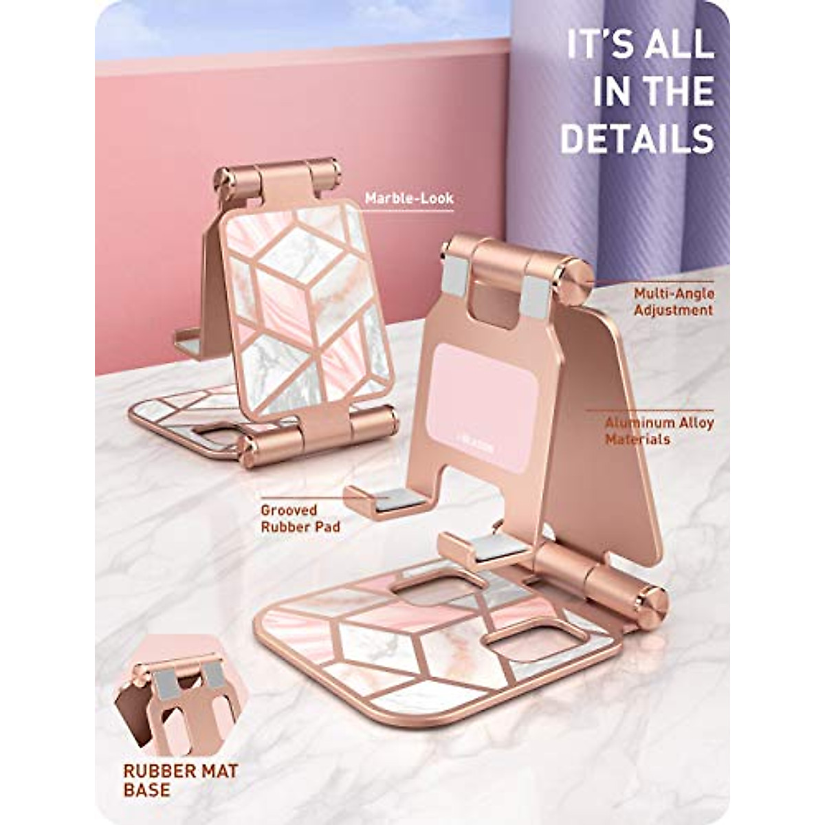 i-Blason Cell Phone Stand, Foldable Adjustable Phone Mount Holder, Compatible with iPhone 14/iPhone 13/iPhone 12/iPhone 11/Galaxy S22/S21/Pixel 6, Android Smartphones, All Smart Phone (Marble)