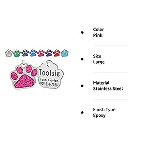 io tags Pet ID Tags, Personalized Dog Tags and Cat Tags, Custom Engraved, Easy to Read, Cute Glitter Paw Pet Tag (Pink)