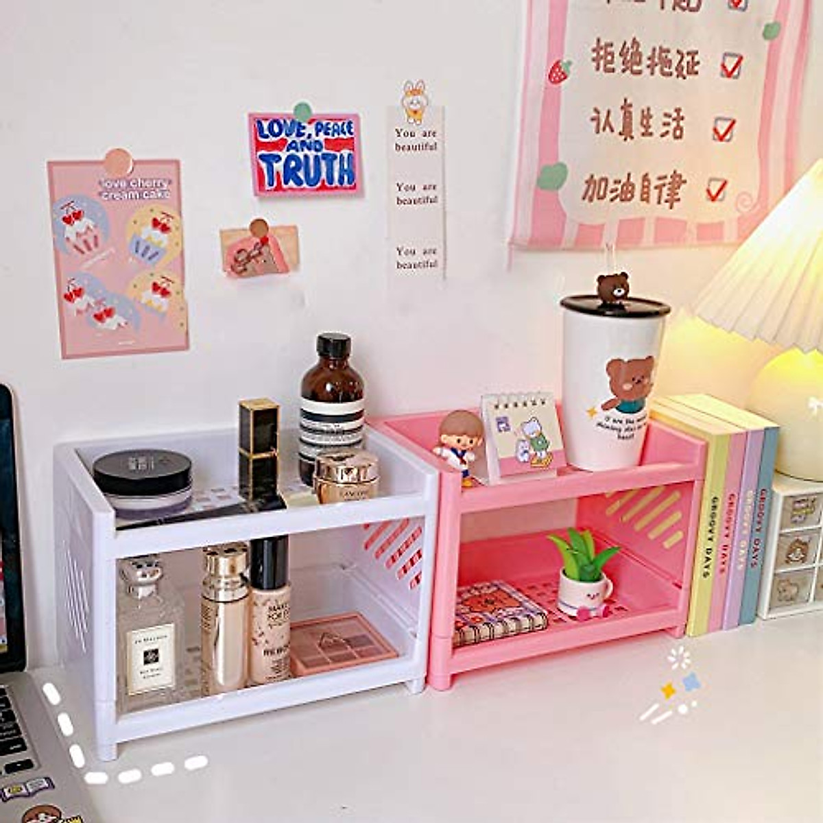 zgs78hh Double Layer Hollow Shelf, Plastic Cosmetics Desktop Finishing Bathroom Accessories Organizer,Storage Rack,2 Tier Shelf Holder, White