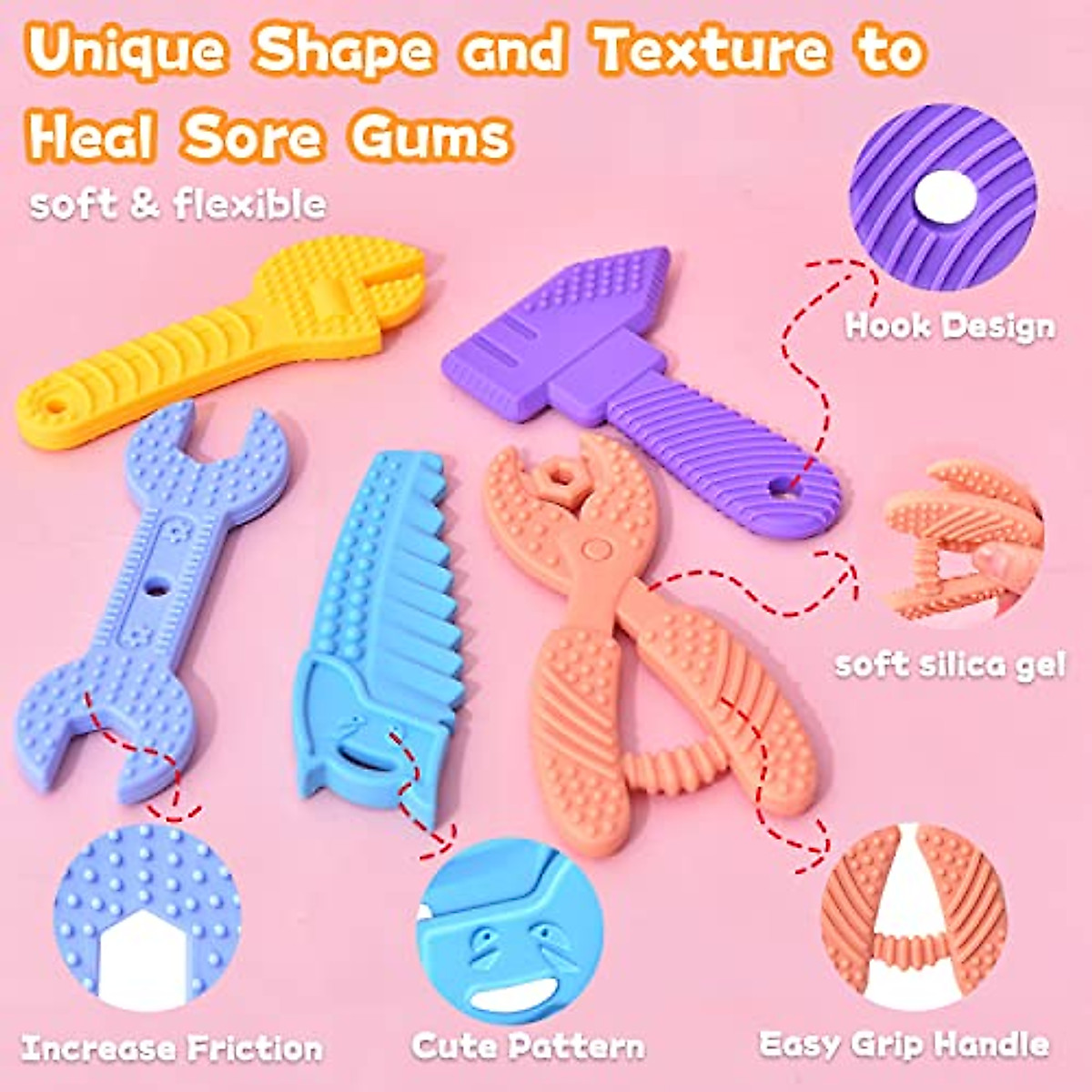Mgtfbg Baby Teething Toys for 0-6 Months 6-12 Months - Molar Teether Chew Toys Set BPA Free Silicone, Soft Textures - Hammer Wrench Scissors Shape Baby Teething Toys Gift 5-Pack