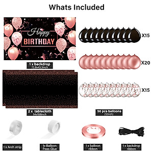 Black and Rose Gold Birthday Party Supplies 57 Pcs Rose Gold Black Balloon Arch Garland Kit Happy Birthday Photography Backdrop Banner Decorations for Women Men Kids Anniversary Birthday Party Decor