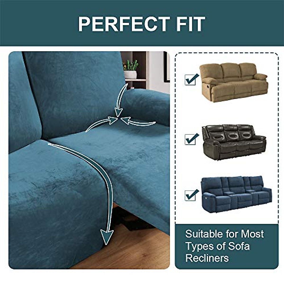 Esaytool Recliner Sofa Covers,Stretch Reclining Couch Covers for 1/2/3 Seat,Reclining Slipcovers Soft Furniture Protector Thick Soft Washable Reclining Sofa Slipcovers (Peacock Blue, Three Seat)