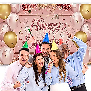 7x5Ft Red Rose Flowers Floral Happy Birthday Backdrop Gold and Pink Balloon Photo Background Women Birthday Party Decorations Party Supplies Photo Background Banner Polyester Fabric