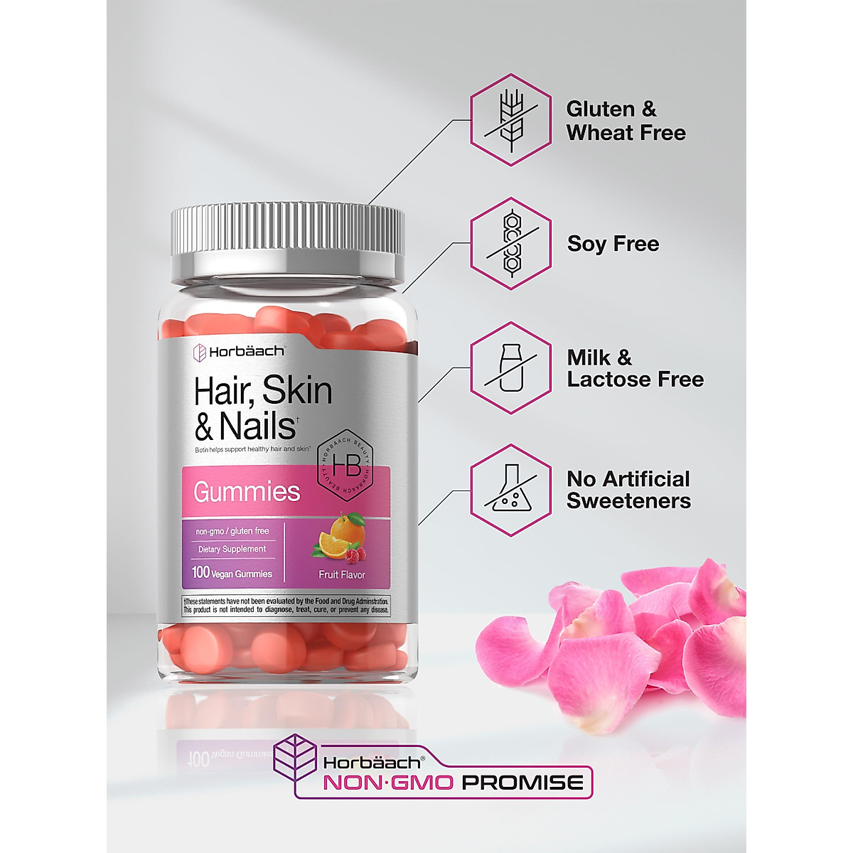 Horbäach Hair Skin and Nails Gummies | 100 Count | with Biotin | Fruit Flavored Vitamins | Non-GMO, Gluten Free Supplement