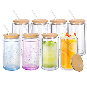 YOUKE OLA 8 Pack Pre Drilled Beer Glass Can Shaped Double Wall Glass Cans Blank with Bamboo Lid & Straws, Glass Cups for Snow Globe Glitter (Clear 12oz)