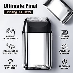 SUPRENT Professional Double Foil Shaver for Barbers,Electric Rechargeable Balding Head Shaver for Men,Bump-Free Shaving with 2 Replacement Shaver Head,Barber Supplies,120Min Runtime,IPX6 Washable