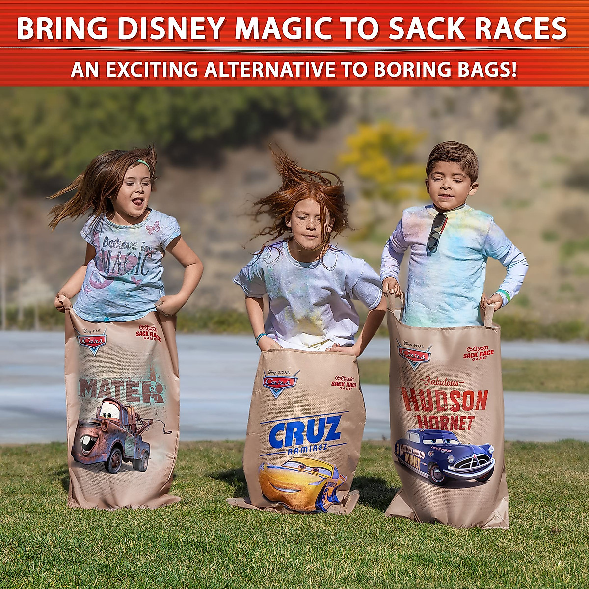 Disney Pixar Sack Race Party Games by GoSports - 6 Pack Bags for Kids - Mickey & Friends, Cars, and Roo Racers