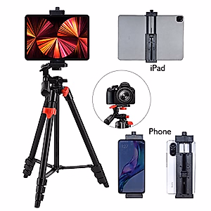 Tablet Tripod 53 inch iPad Tripod Aluminum Smartphone Tripod for iPhone iPad Pro Camera Mobile Phone Lightweight Travel Selfie Stand Tripod Black