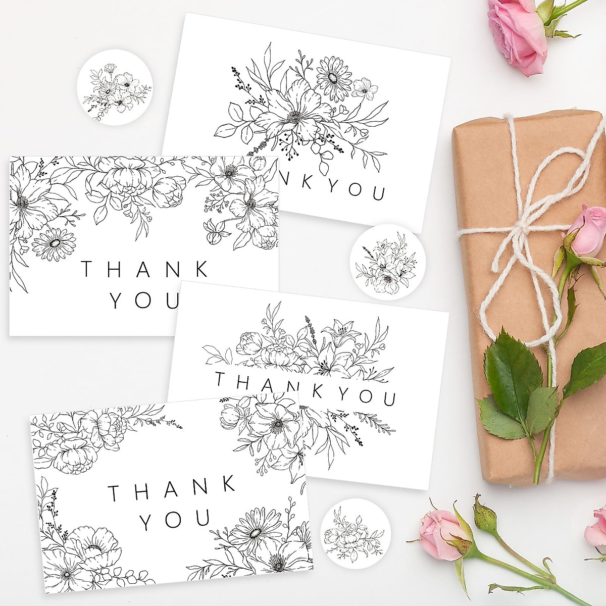 AnyDesign 32 Pack Floral Line Art Thank You Cards Black White Thank You Note Cards with Envelopes Stickers Minimalist Flower Blank Cards for Wedding Birthday Bridal Shower DIY Card Supplies