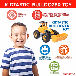 Kidtastic Bulldozer Toy for 3+ Year Old Boys and Girls, 55 Pcs Tractor Truck Engineering Vehicle Construction Toys, Take Apart Stem Fun with Screwdriver, Problem Solving Building Play Set for Kids