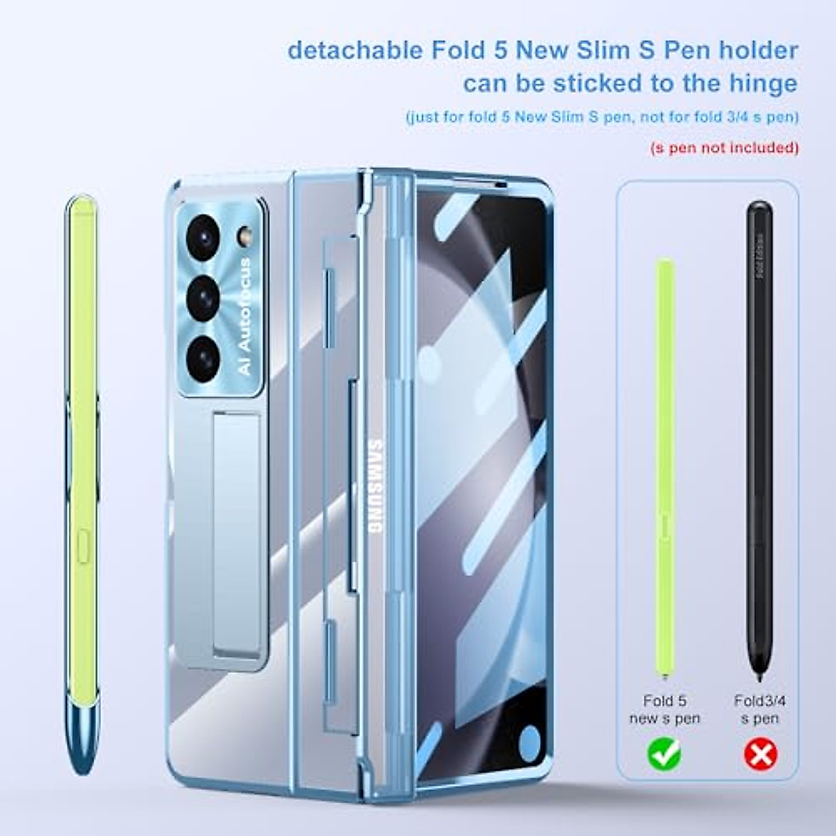 Libeagle Compatible with Samsung Galaxy Z Fold 5 Case, Innovative Hinge Protection, Detachable Fold 5 New Slim S Pen (2023) Slot, Non-Yellow Clear Back, Screen Protector, Stand Cover 5G 2023, Blue