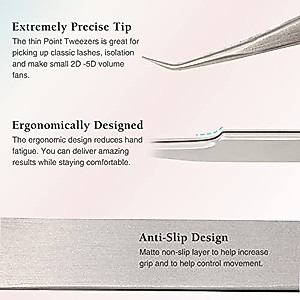 Eyelash Extension Tweezers for Individual and 3D 5D 6D Volume Lashes Curved Point Professional Stainless Steel Precision Lash Extension Tweezers