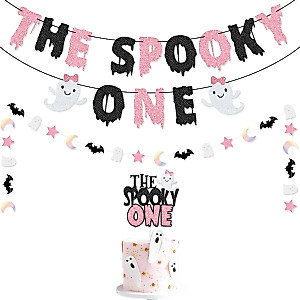 The Spooky One Banner The Spooky One Cake Topper for Pink and Black Halloween Girl First Birthday Party Decorations