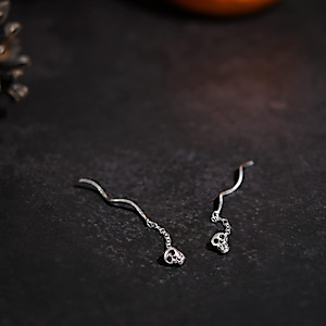 AeraVida Tiny Skull Chain Threader Spiral Halloween Sterling Silver Earrings, 0.11x0.15 inch
