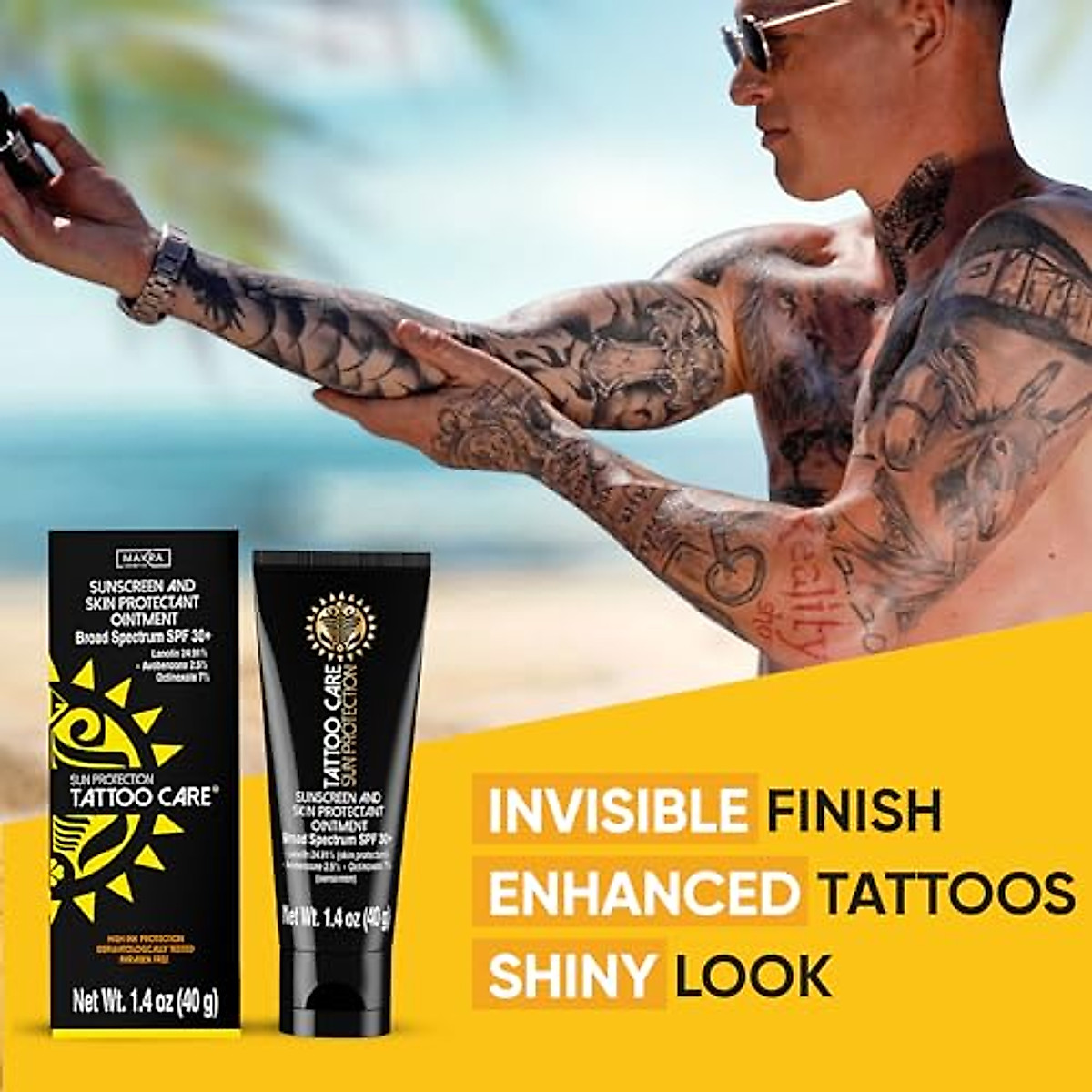Makra Tattoo Care Sunscreen – SPF 30+ All Natural Tattoo Sun Protection - UVA/UVB Protection - Deeply Moisturizes and Protects Ink Against Fading - Enhances Colors, Water Resistant - 1.35 Oz/40 g
