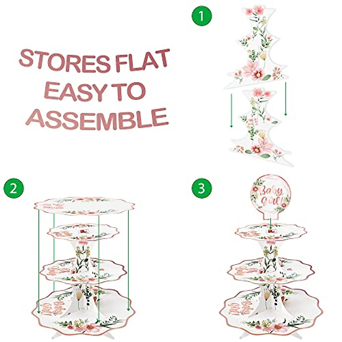 3 Tier Baby Shower Cupcake Stand for Baby Girl Shower Welcome Baby Gender Reveal Birthday Party Supplies Decorations