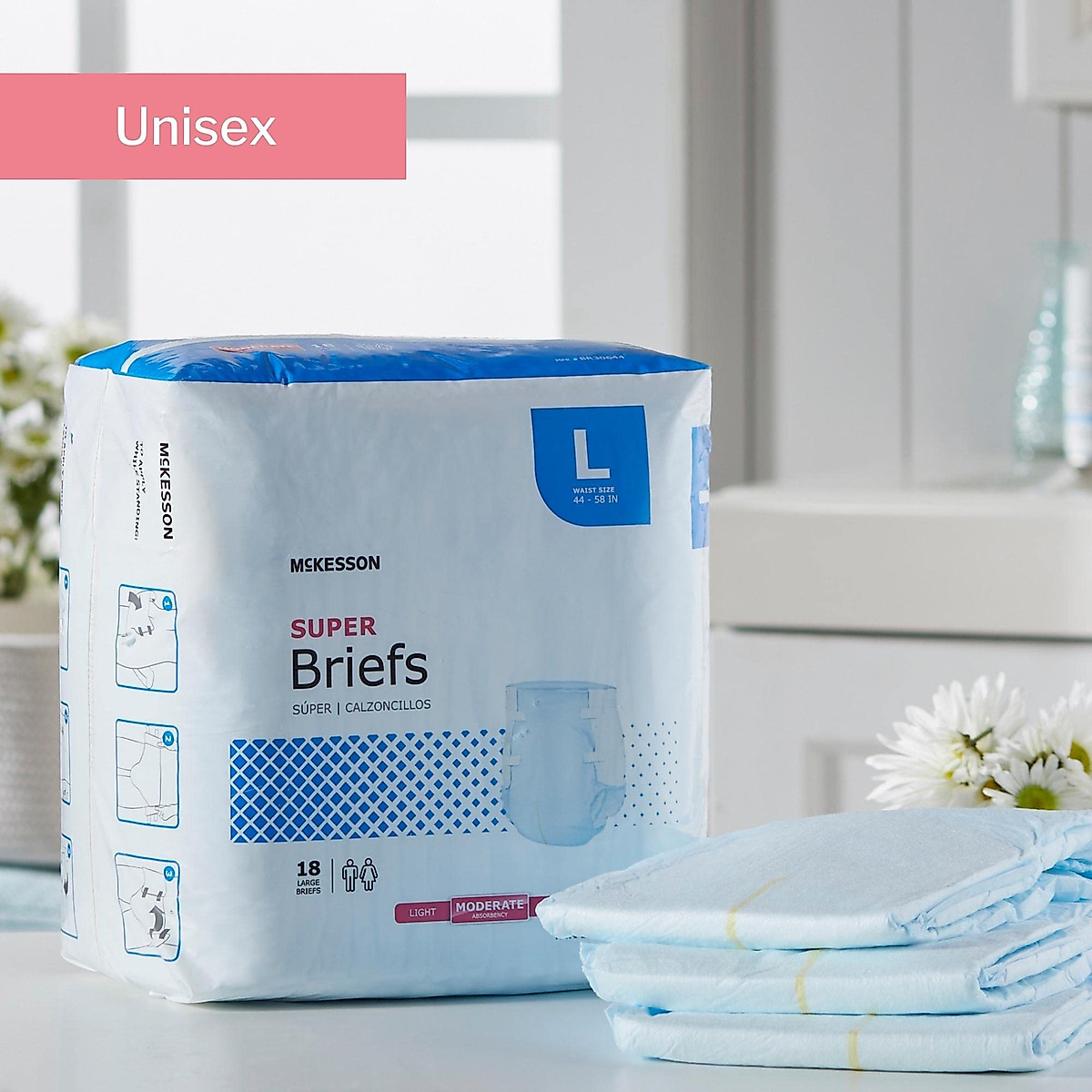 McKesson Super Briefs, Incontinence, Moderate Absorbency, Large, 18 Count, 4 Packs, 72 Total