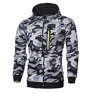 Mens Zipper Hooded Sweatshirts, Thenlian Mens Camouflage Zipper Pullover Long Sleeve Hooded Sweatshirt Tops Blouse(Gray, XL)