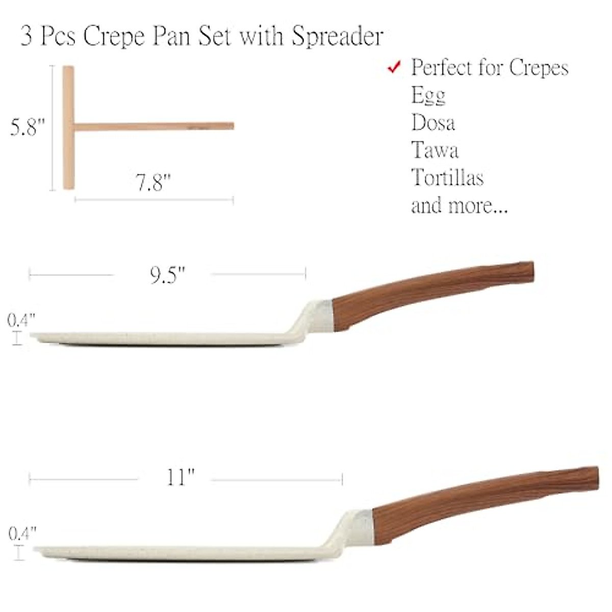 ESLITE LIFE Crepe Pan with Spreader, Nonstick Ceramic Coating Flat Skillet Tawa Dosa Tortilla Pan, PFOA Free (White, 3 Pcs Set:9.5"+11" w/spreader)