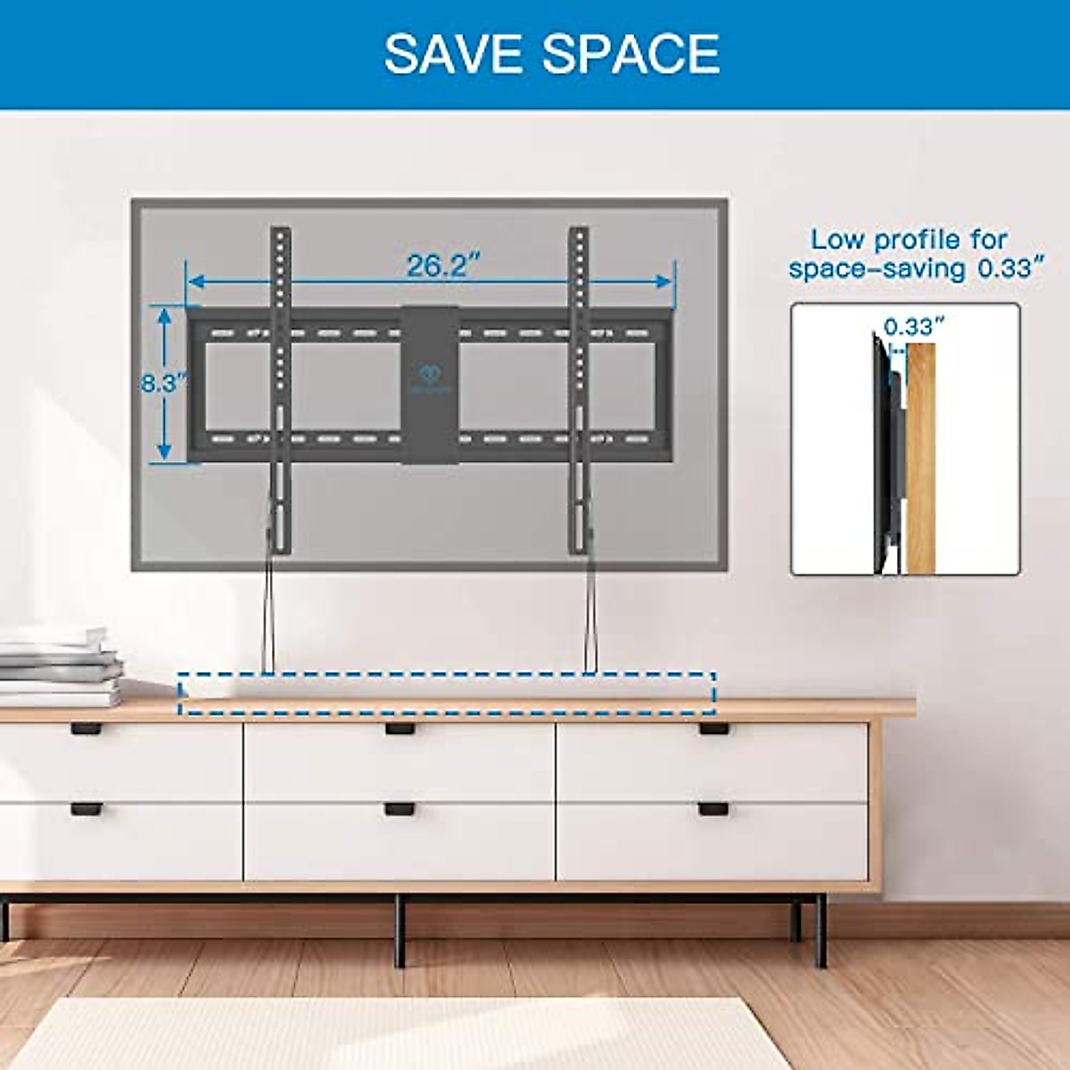 PERLESMITH Fixed TV Wall Mount Bracket Low Profile for 32-82 inch LED, LCD, and OLED Flat Screen TVs - Fits 16”- 24” Wood Studs, Fixed TV Mount with VESA 600 x 400mm Holds up to132lbs (PSLLK1), Black