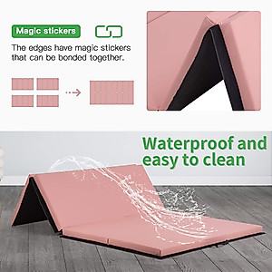 Gymnastics Exercise Mat Thick Tumbling Mats for Home, Yoga Mat Folding Exercise Pad Leather Gym Fitness Mat, Pink